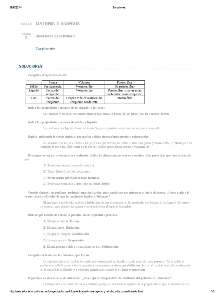 Cuestionario Materia y Energia | PDF | Líquidos | Mezcla
