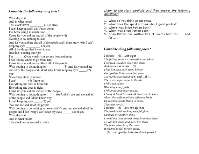 Complete the Song Lyrics Activity | PDF | Language Arts & Discipline ...