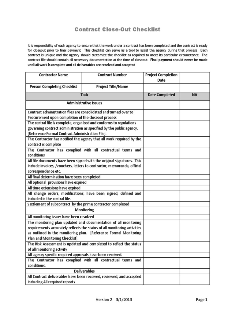 Contract Close Out Checklist | PDF | Classified Information | Patent