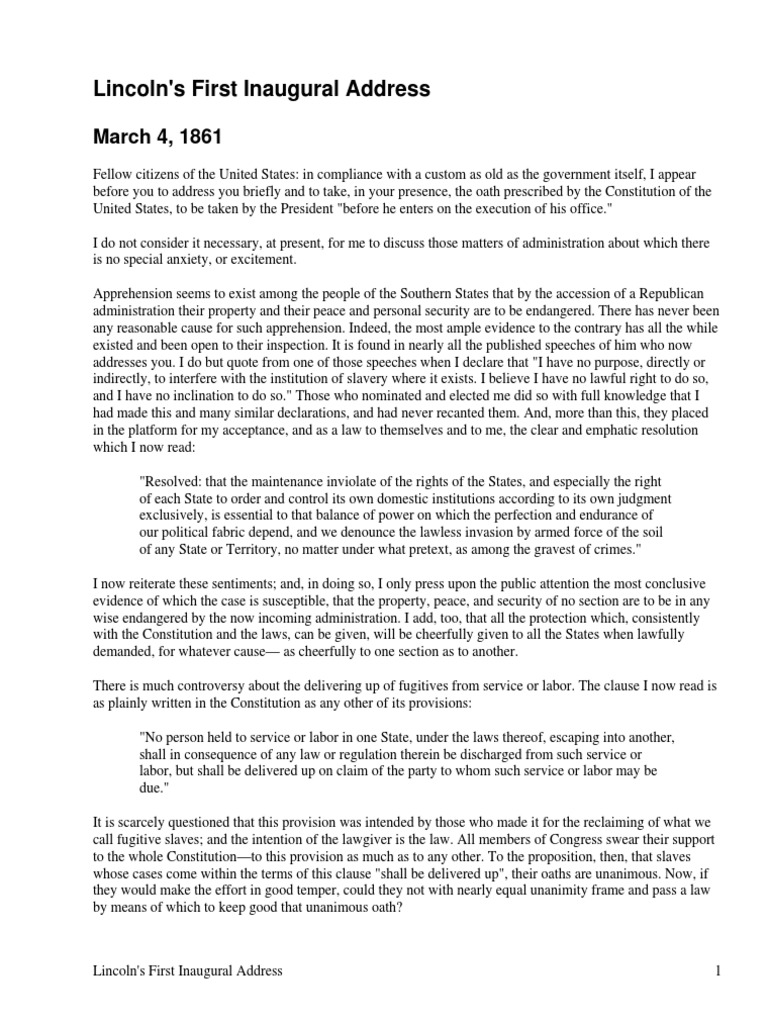 Abraham Lincoln's First Inaugural Address by Lincoln, Abraham, 1809 ...
