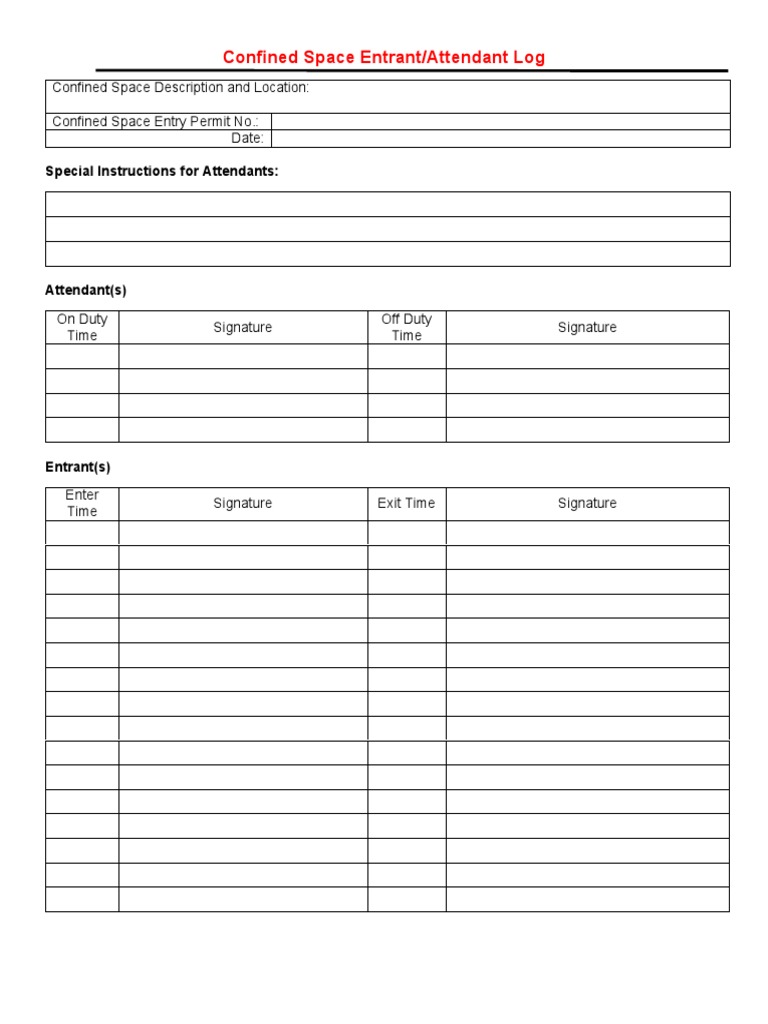 Confined Space Entrant Attendant Form PDF | PDF | Safety | Business