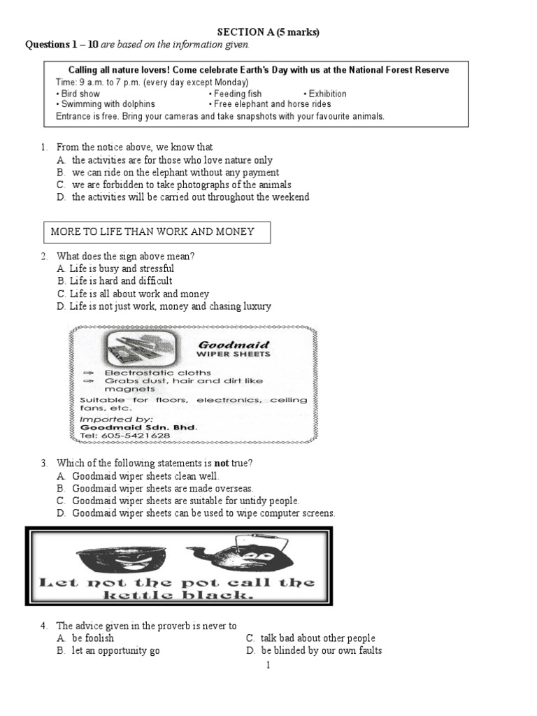 SECTION A (5 Marks) Questions 1 - 10 Are Based On The Information Given ...