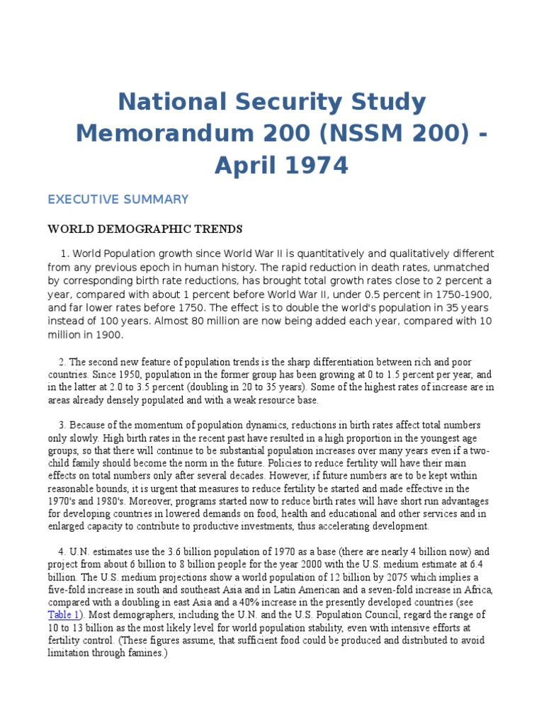National Security Study Memorandum 200 | Economic Growth | Agriculture