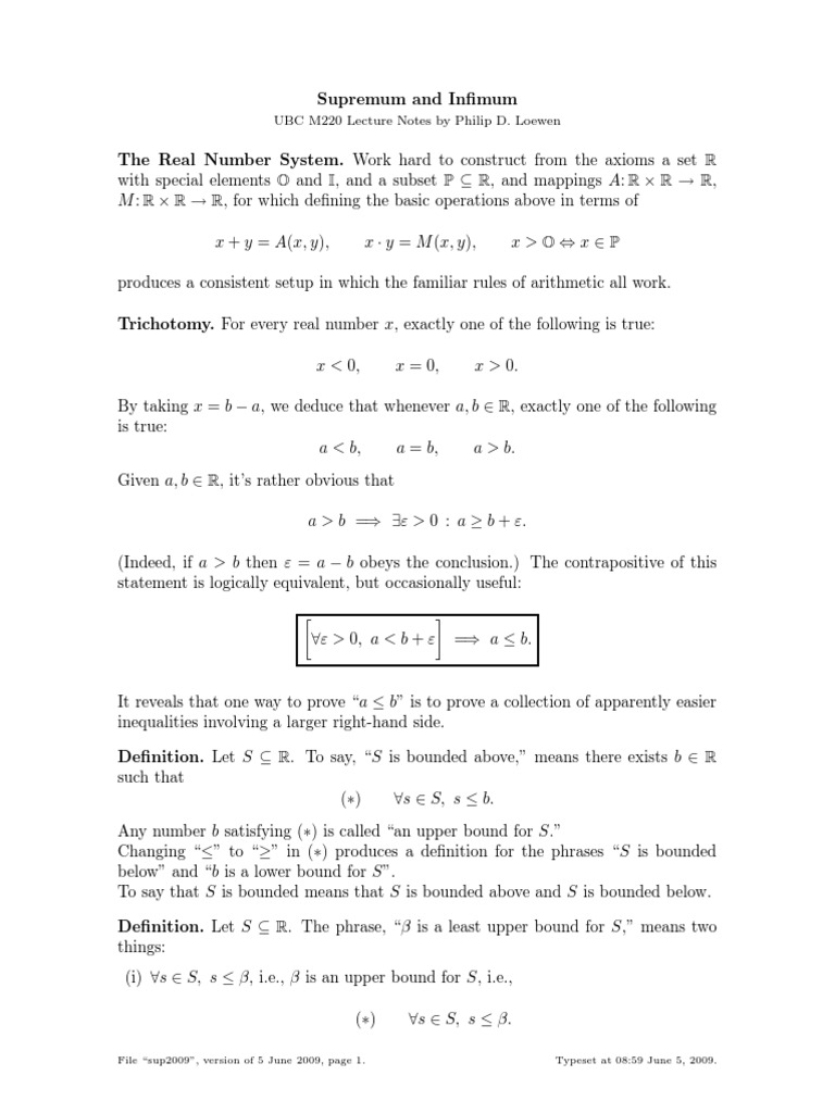 Supremum & Infimum Supplementary | PDF | Sequence | Real Number