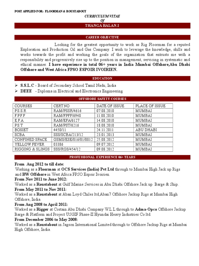Floorman Resume | PDF | Drilling Rig | Geotechnical Engineering
