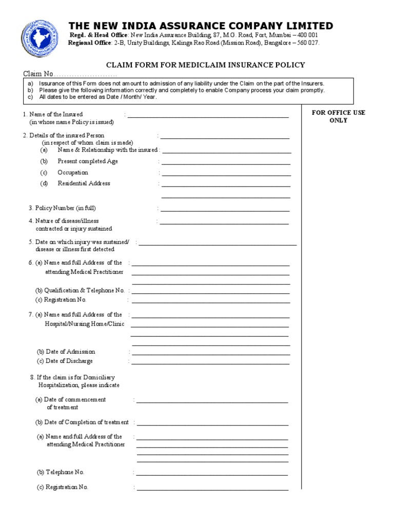 Claims Form For New India Assurance | PDF | Physician | Pathology