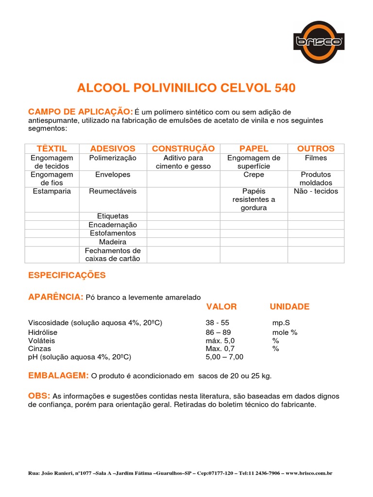 Aplicações do Alcool Polivinílico Celvol 540 | PDF