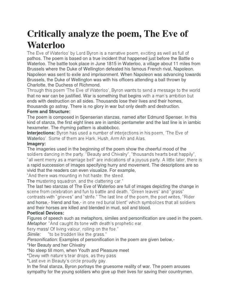 Critically Analyze The Poem Eve of Waterloo | PDF | Battle Of Waterloo ...
