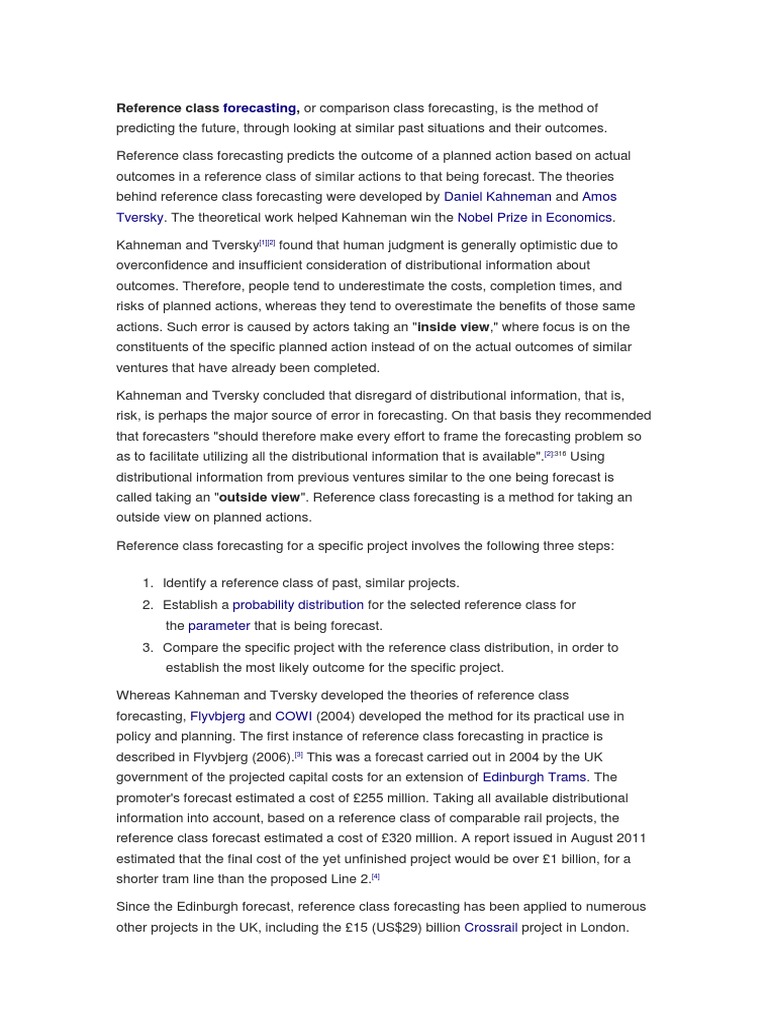 Reference Class Daniel Kahneman Amos Tversky Nobel Prize In