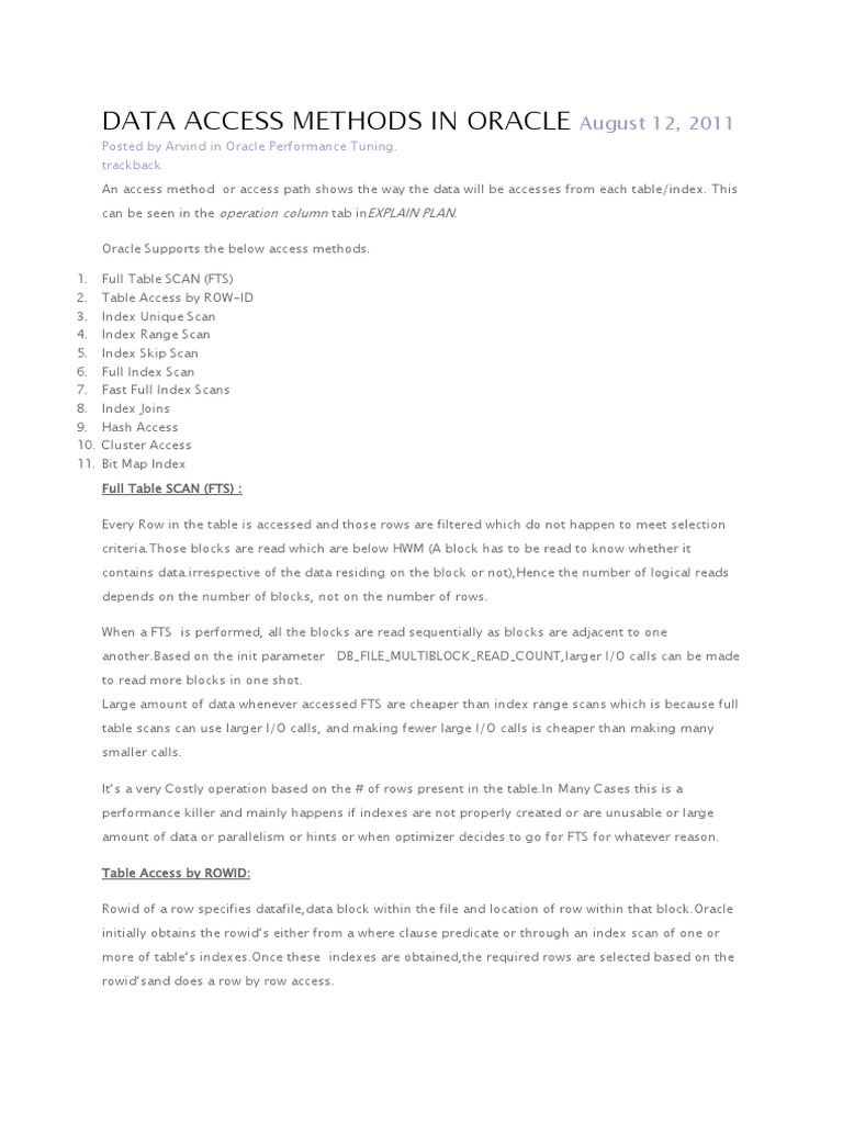 Data Access Methods in Oracle | PDF | Database Index | Information ...