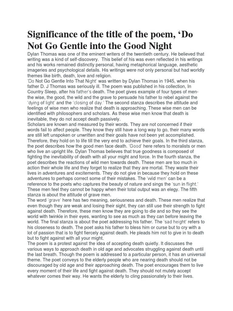 Do Not Go Gentle into the Good Night | PDF | Poetry | Shamanism