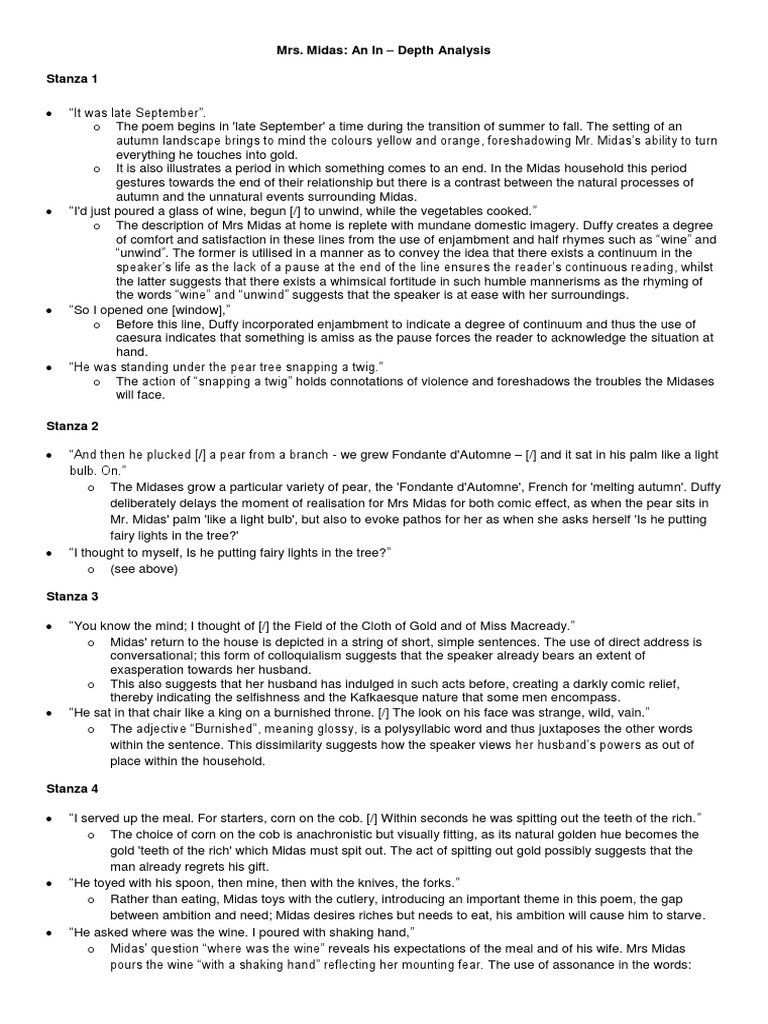 Mrs. Midas an in Depth Analysis | Poetry