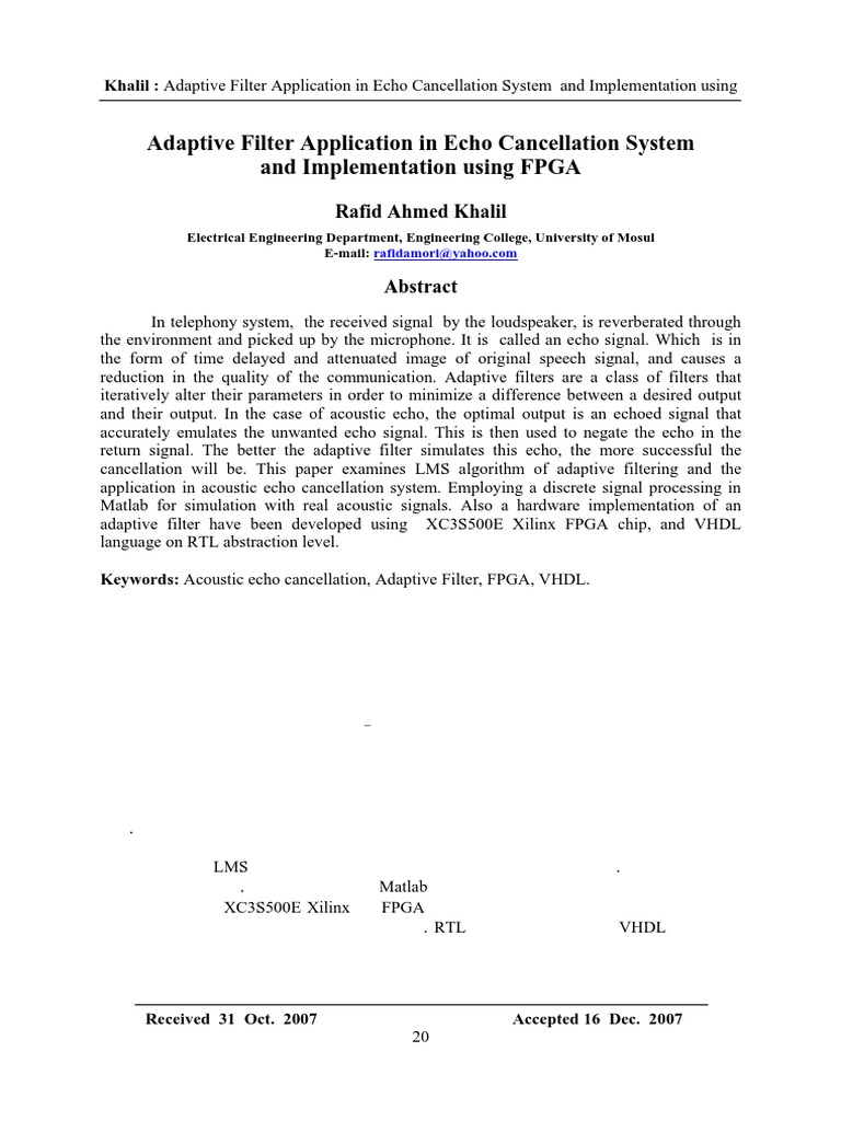 Adaptive Filter Application In Echo Cancellation System And Implementation Using Fpga Pdf