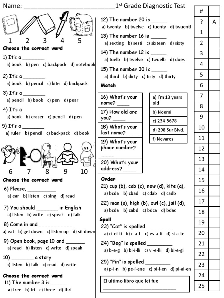1st Grade Diagnostic Test Template | PDF | Language Arts & Discipline