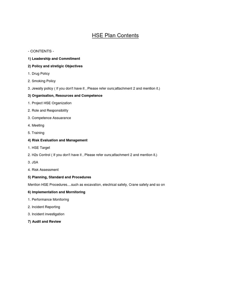 4. HSE Plan Contents | Business | Safety