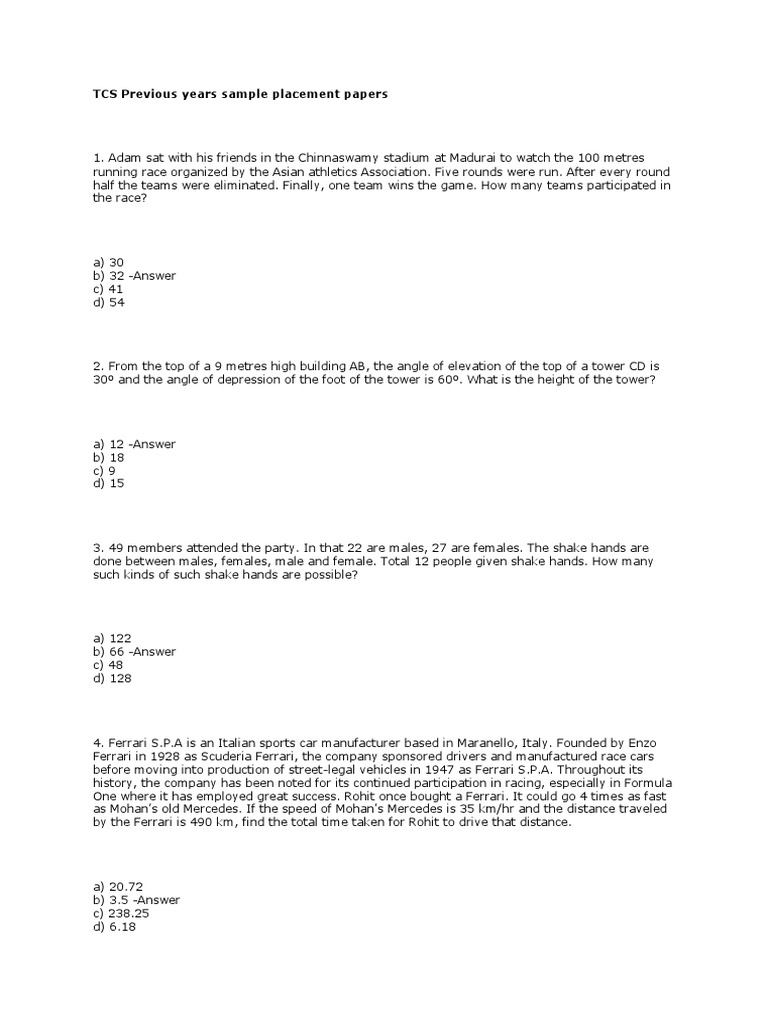 TCS Previous Years Sample Placement Papers | PDF | Odds | Multiplication