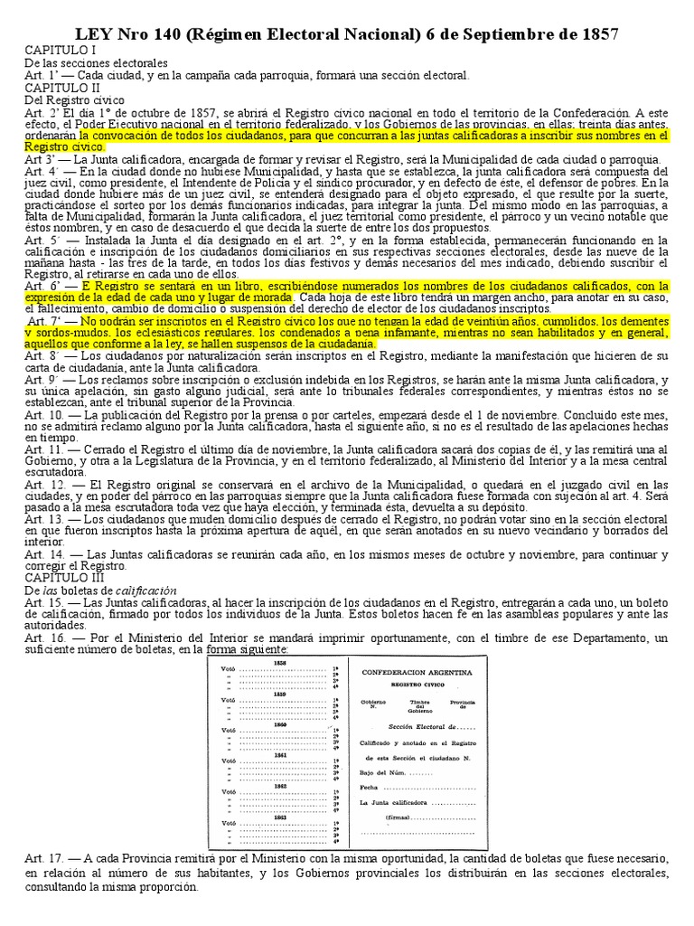 Ley 140 Regimen Electoral - 6 de Septiembre 1857 - Mod | PDF ...