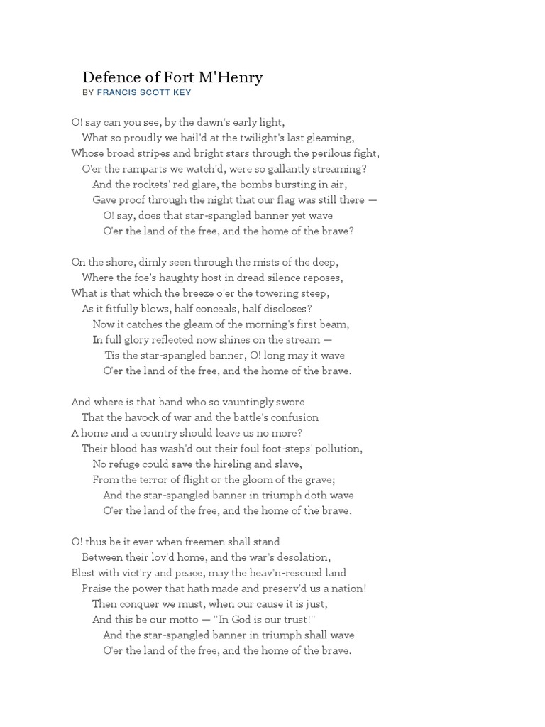 The Defense of Fort M'Henry Poem | PDF