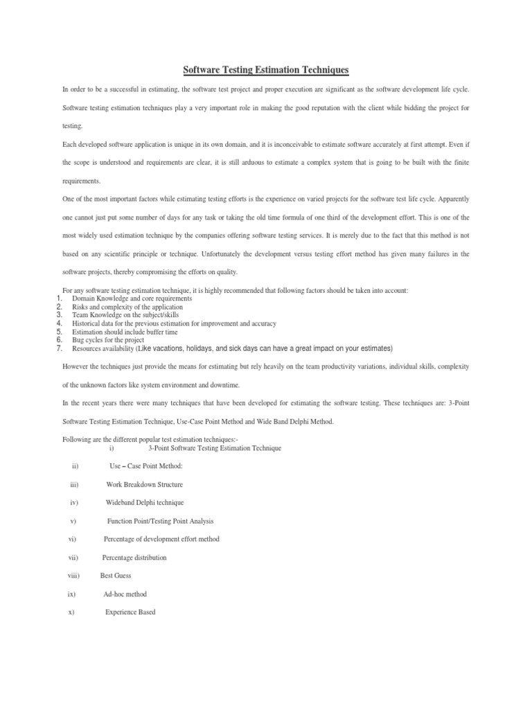 A Comprehensive Guide to Software Testing Estimation Techniques | PDF ...