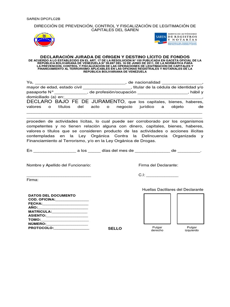 SAREN DPCFLC2B Declaracion Jurada-Origen Destino Licito Fondos