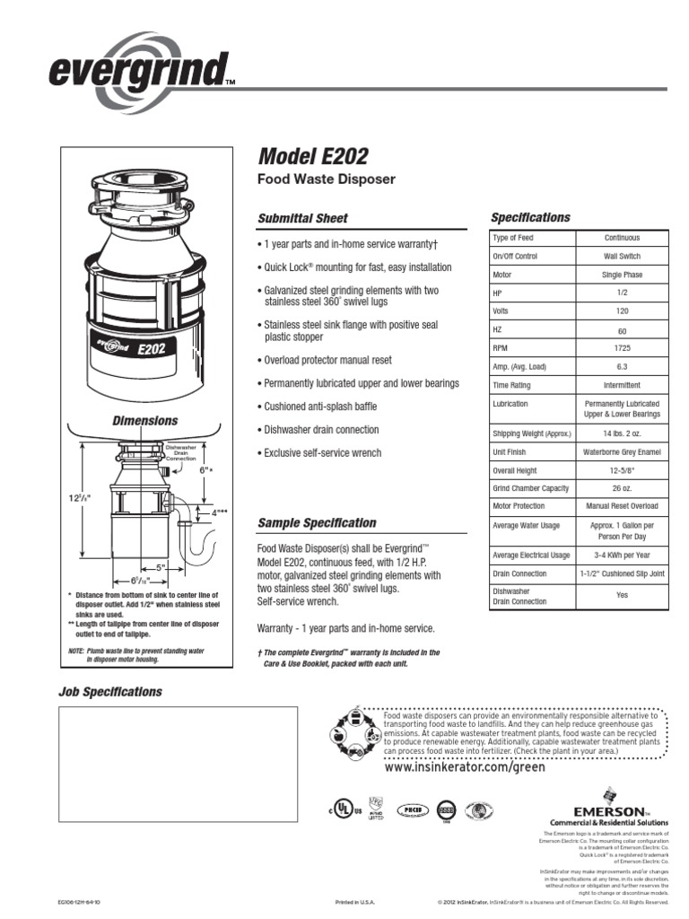 Evergrind E202 Spec Sheet | Download Free PDF | Sink | Waste