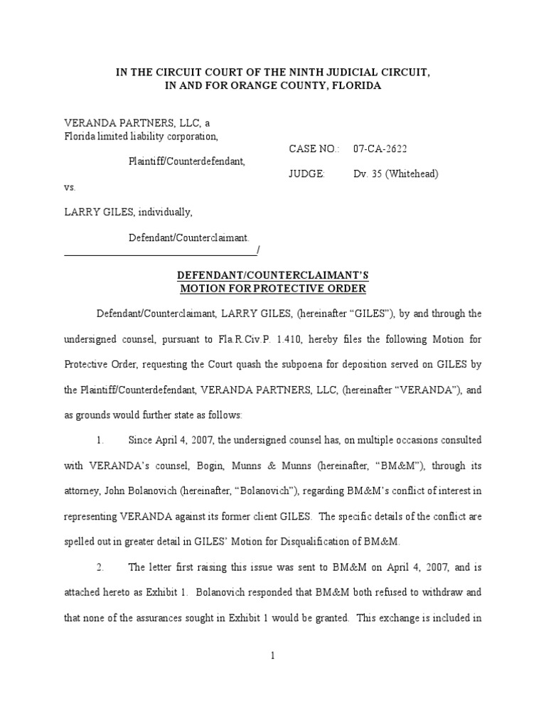 Florida Motion for Protective Order | PDF | Deposition (Law) | Lawsuit