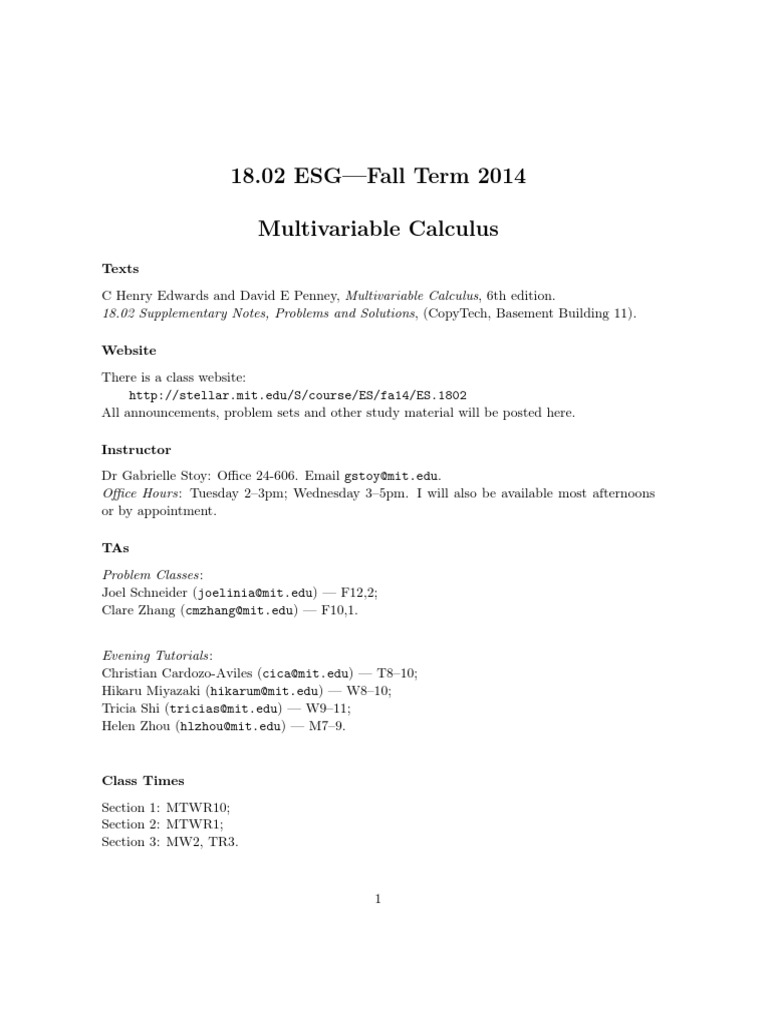 MIT 18.02 Syllabus | PDF | Derivative | Integral