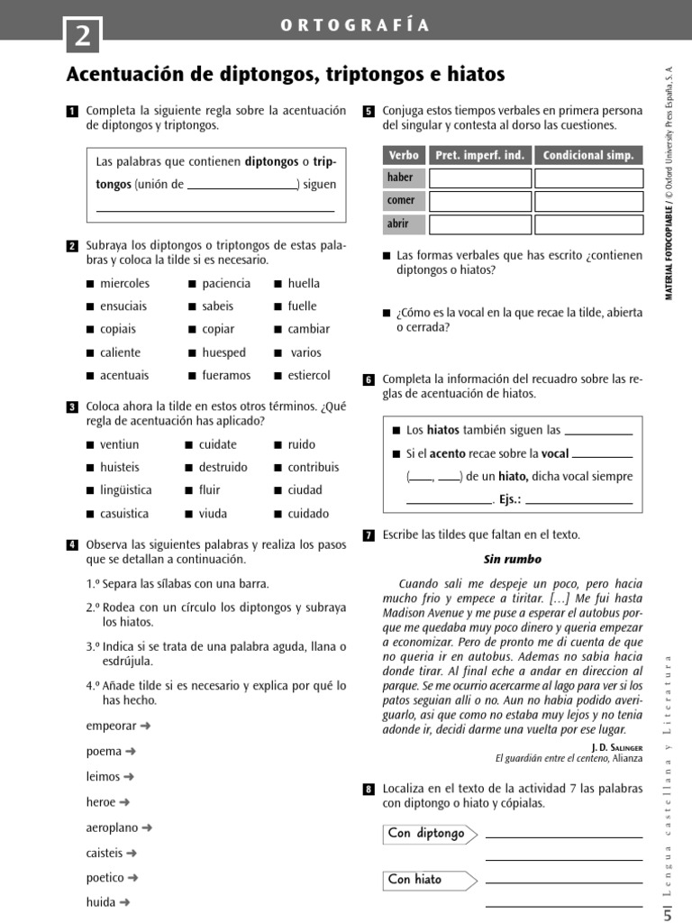 Actividades Ortografia Acentuacion de Diptongos Triptongos e Hiatos Trama