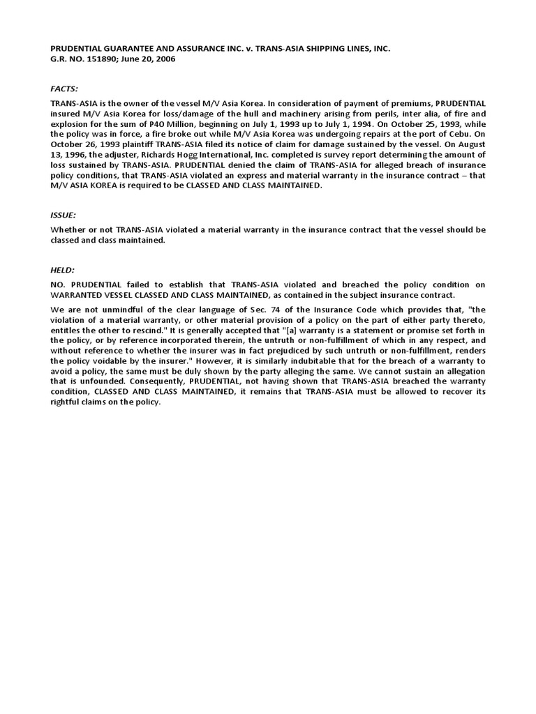 Prudential Guarantee and Assurance v. Trans-Asia Shipping Lines | PDF ...