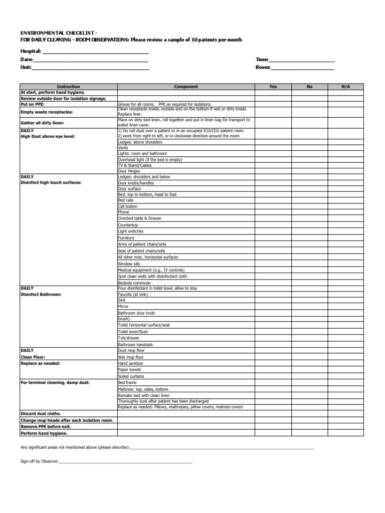 Operating Room Cleaning Checklist