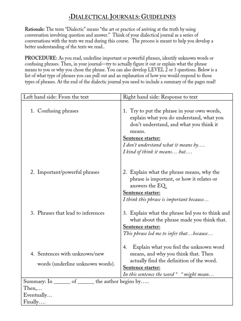 Dialectical Journal Handout | PDF | Phrase | Prison