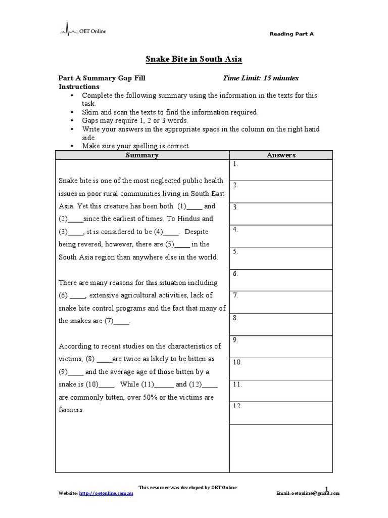 Part A Reading Task Snake Bite | PDF | Snake | Medicine