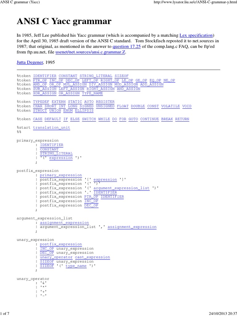 ANSI C Yacc Grammar Specification | PDF | Computer Programming ...