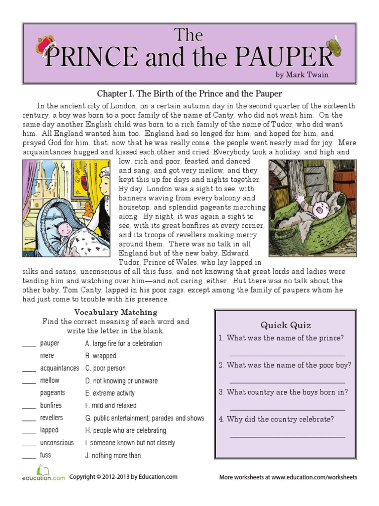 WORKSHEETeading Comprehension Prince Pauper Worksheet | PDF