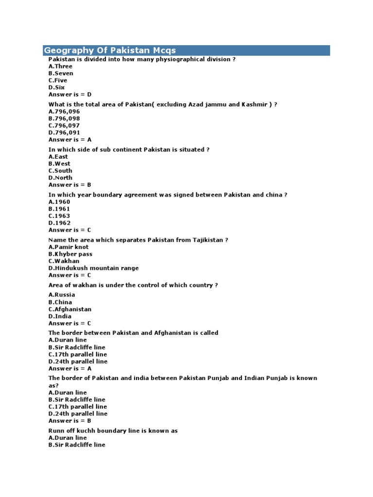 Geography of Pakistan Mcqs | PDF | Pakistan | Geomorphology