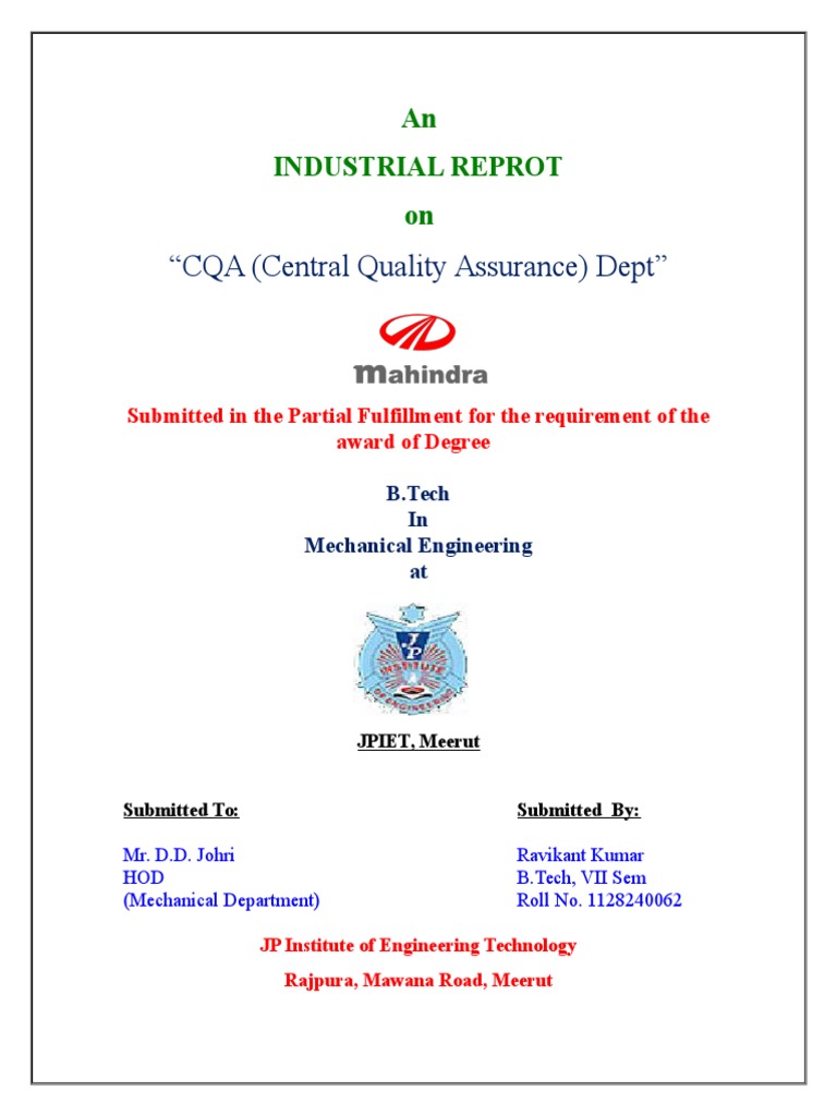 "CQA (Central Quality Assurance) Dept": An Industrial Reprot On | PDF ...