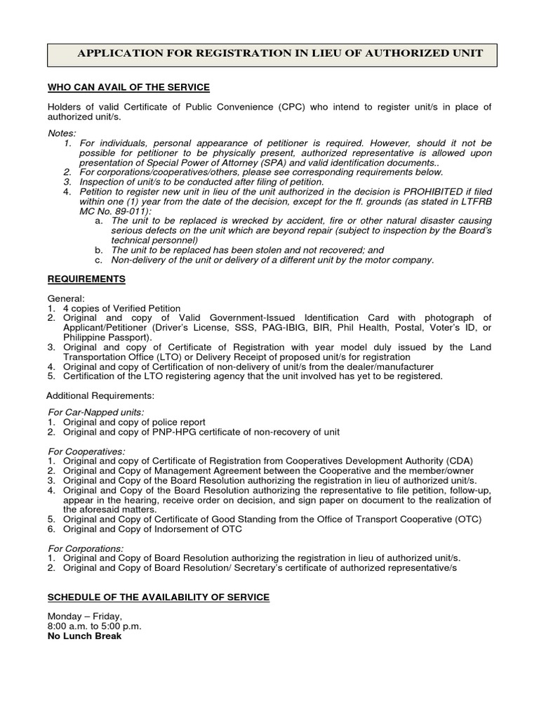 Application For Registration in Lieu of Authorized Unit | PDF ...
