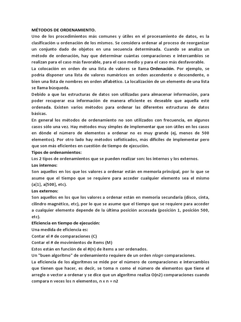 Métodos De Ordenamiento Pdf Algoritmos Y Estructuras De Datos Matemáticas Aplicadas