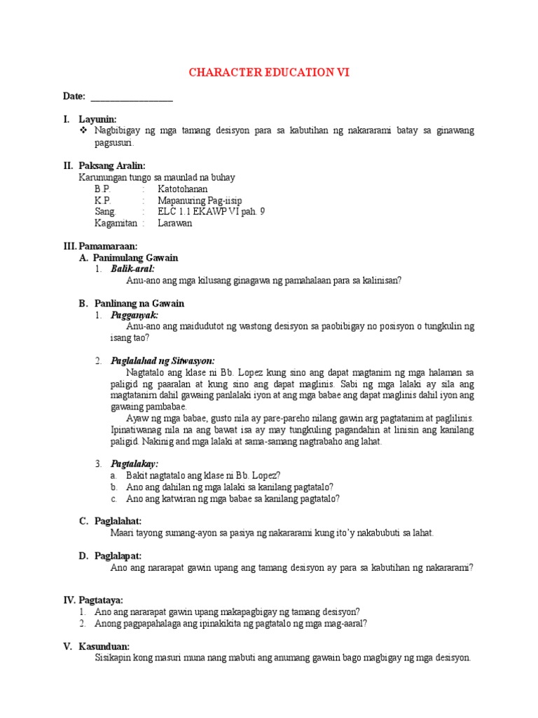 Character Education v1 2nd Rating Lesson Plan | PDF