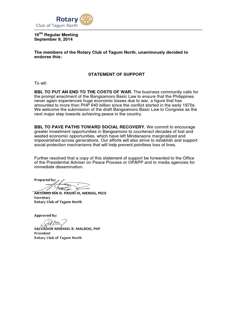 Statement of Rotary Club of Tagum North For The BBL | PDF