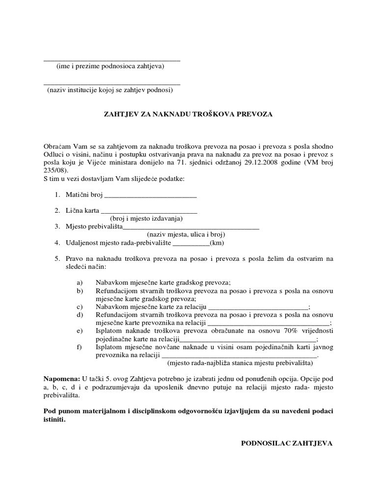 Zahtjev Za Naknadu Troskova Prevoza | PDF