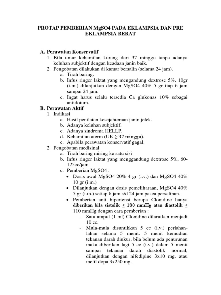 PROTAP PEMBERIAN MgSO4 PADA EKLAMPSIA DAN PRE EKLAMPSIA BERAT | PDF