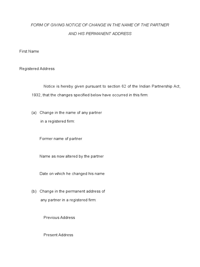 Form of Giving Notice of Change in The Name of The Partner and His ...