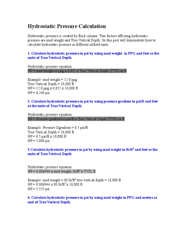 Hydrostatic Pressure Calculation Guide | PDF | Pressure | Fluid Mechanics