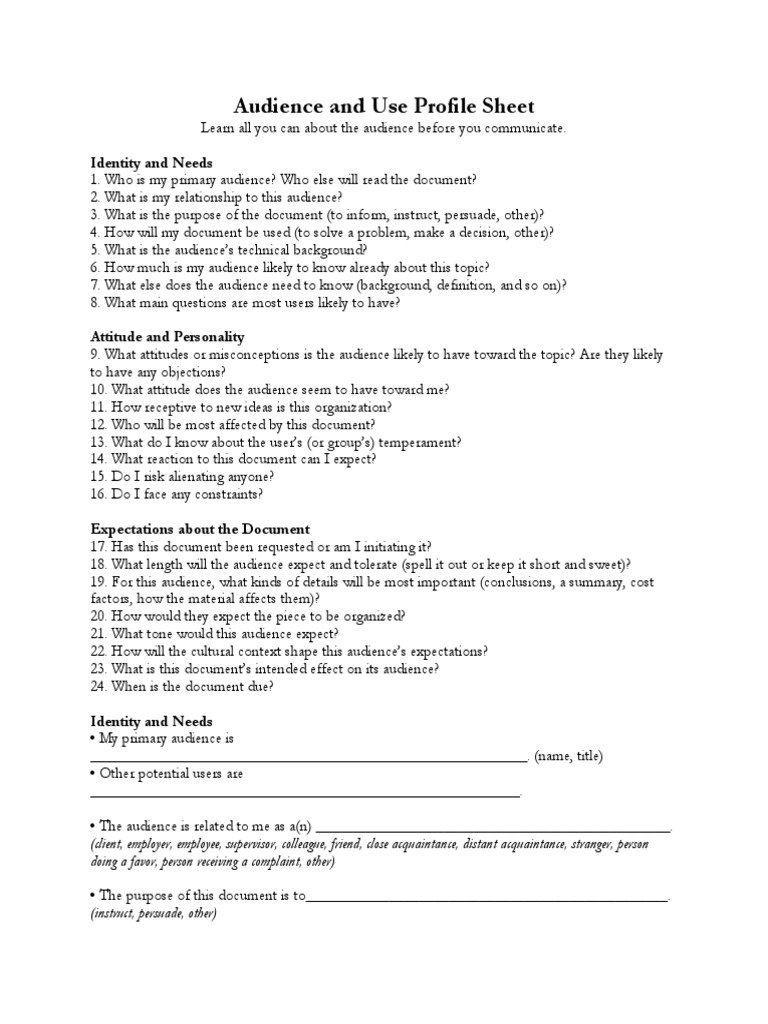 audience and use profile sheet | Social Psychology | Cognition