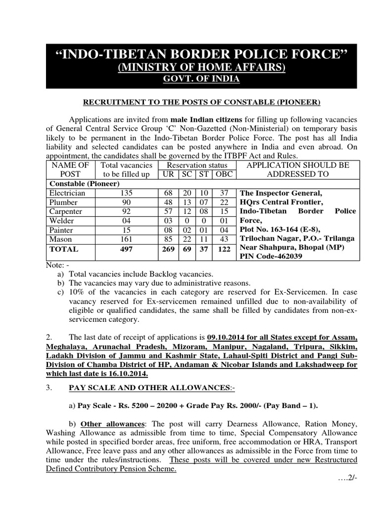 ITBP Constable Pioneer Advt Application Form | PDF | Government