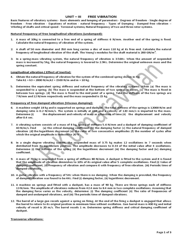 Free Vibration Problems | PDF | Mechanical Engineering | Classical ...