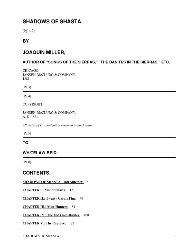 Shadows of Shasta by Miller, Joaquin, 1837-1913 | PDF | Native ...