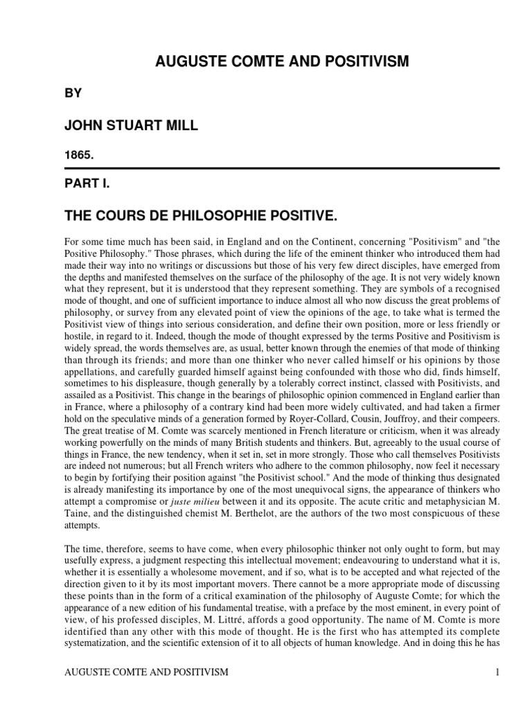 Auguste Comte and Positivism by Mill, John Stuart, 1806-1873 | PDF ...
