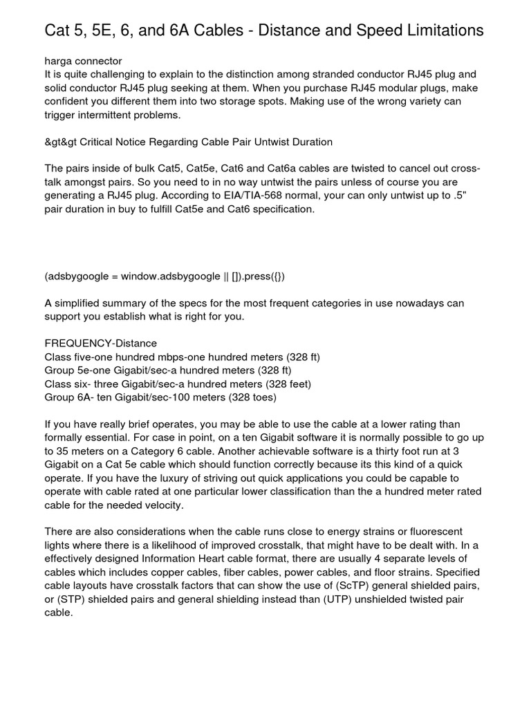 Cat5, 5E, 6, 6A Cable Specs & Limits | PDF | Electrical Connector ...
